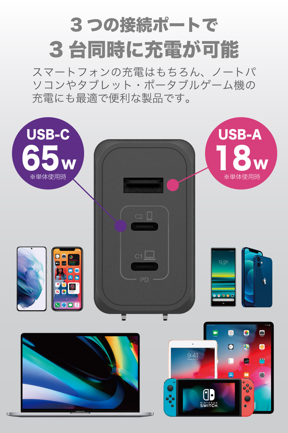 PD65W AC充電器 ブラック – 多摩電子工業 | 公式サイト [ tamas / タマズ ]